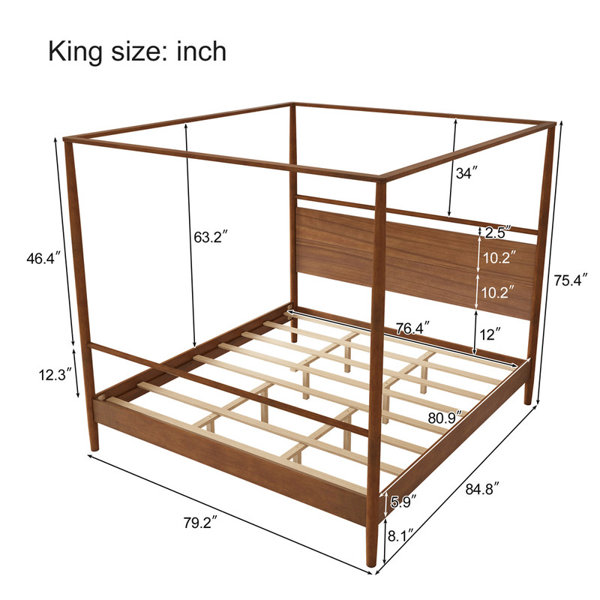 Millwood Pines Emiyah Solid Wood Canopy Bed Frame Four Poster Bed, No Springs Required, Walnut ...